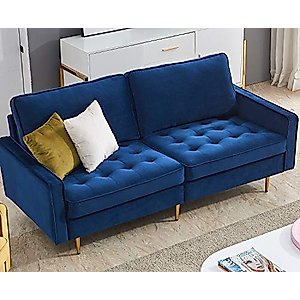 Danxee Velvet Fabric Sofa Couch 71" Wide Mid Century Modern Tufted Fabric Sofa Living Room Sofa 700lb Heavy Duty with 2 Pillows (Blue)