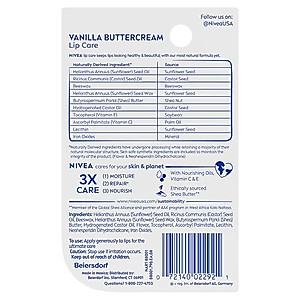NIVEA Vanilla Buttercream Lip Care, Moisturizing Lip Balm with Shea Butter, Nourishing Oils and Vitamin C & E, 3-in-1 Moisture, Repair and Nourish, 0.17 Oz Stick, Pack of 4