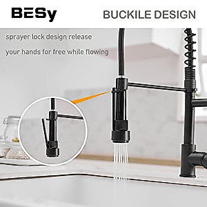 BESy 20 Inch Black Kitchen Faucet with Pull Down Sprayer, Dual Morden Commercial Rv Single Handle Single Hole Double Spout LED Spring Kitchen Sink Faucet with Pot Filler, Matte Black, Brass