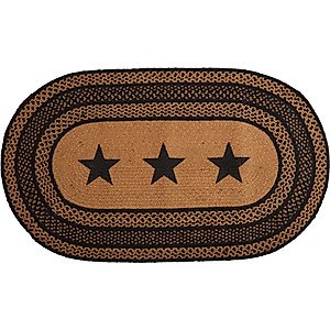 VHC Brands Farmhouse Primitive Jute Black Stenciled Stars Accent Rug Oval w/ Floor Pad 27"x48"