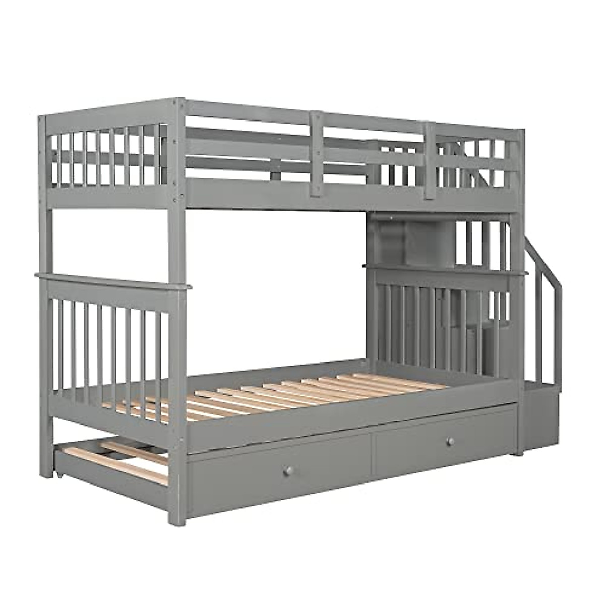 Twin Over Twin Bunk Bed with Trundle and Stairs, Solid Wood Bunk Beds Frame with Storage for Kids, Teens, Adults, Bedroom, Dorm. No Box Spring Needed (Gray)