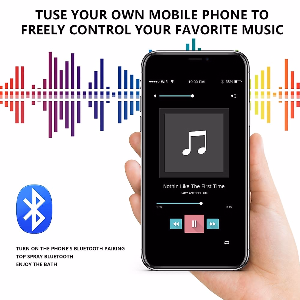 Cascada Luxury 16”x36” Music LED Shower Head with built-in Bluetooth Speakers, 4 functions (Rainfall, Waterfall, Mist Outlet & Side Rainfall) & Remote Control 64 Color Lights (Polished Gold)