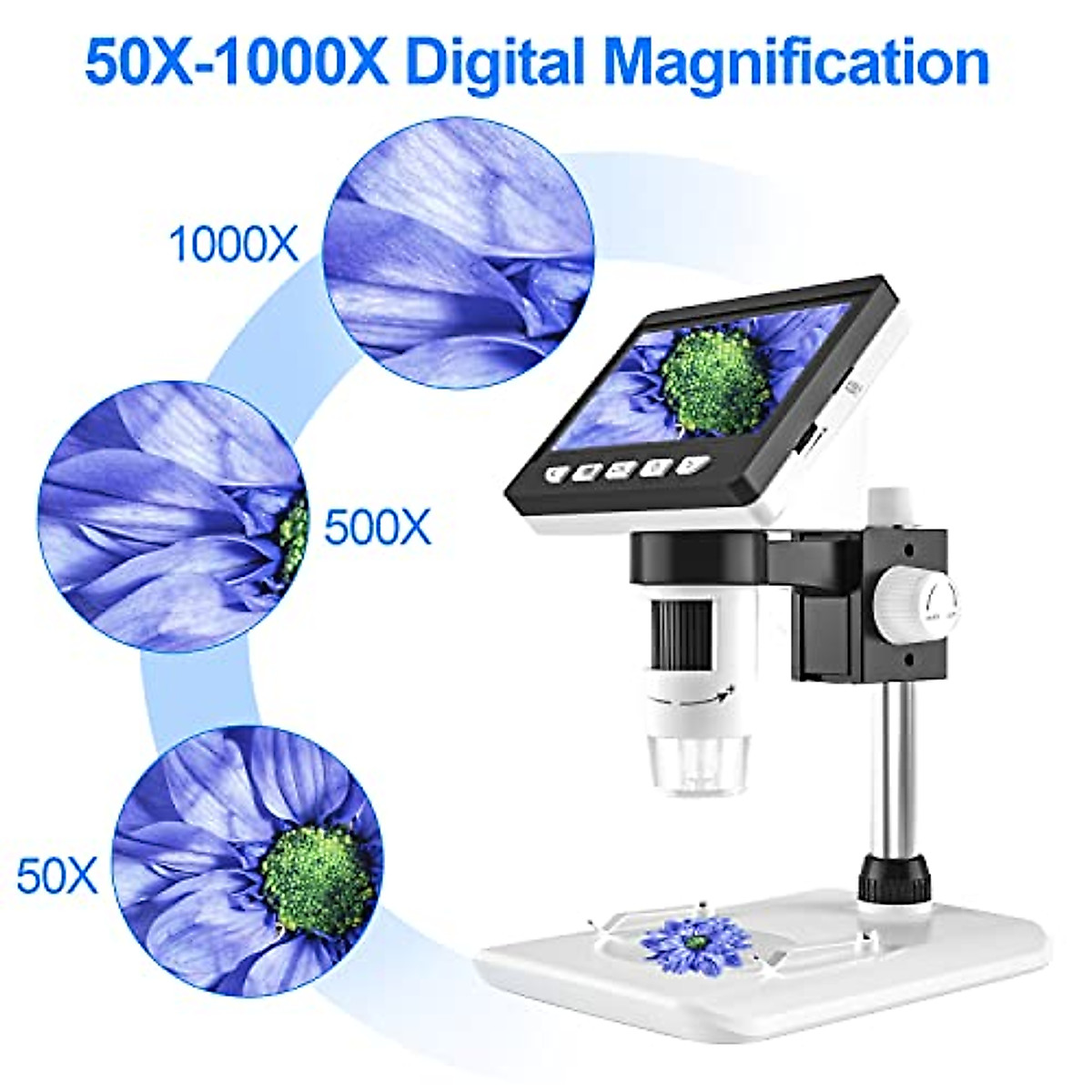 CIMELR LCD Digital Microscope 4.3 inch Handheld USB Microscope 50X-1000X Magnification PCB Coin Soldering Microscope Video Camera for Adults/Kids - 8 LED Lights, SD Card Included,Windows Compatible