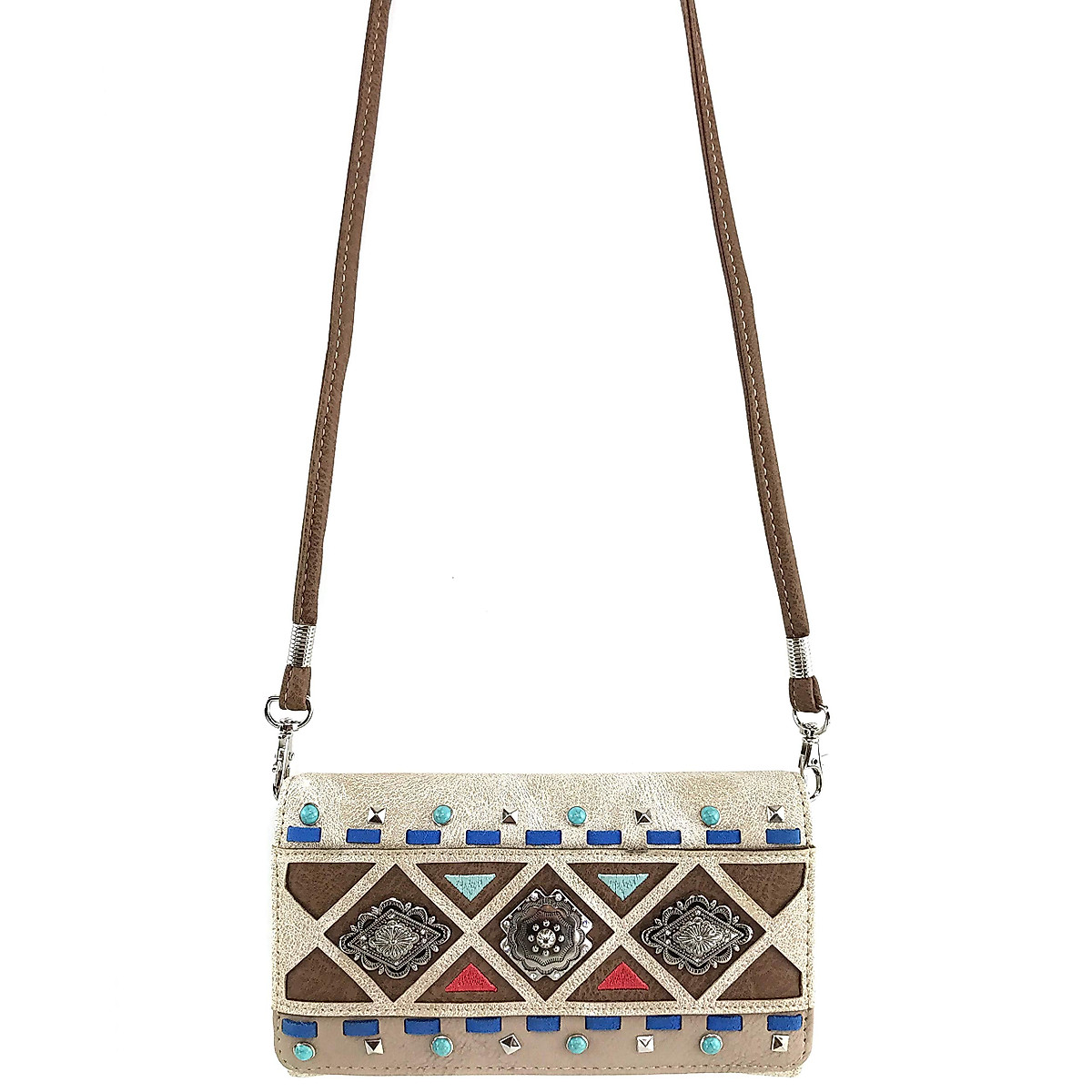 Zelris Colorful Native Tribal Patterns Concho Crossbody Wrist Trifold Wallet (Beige)