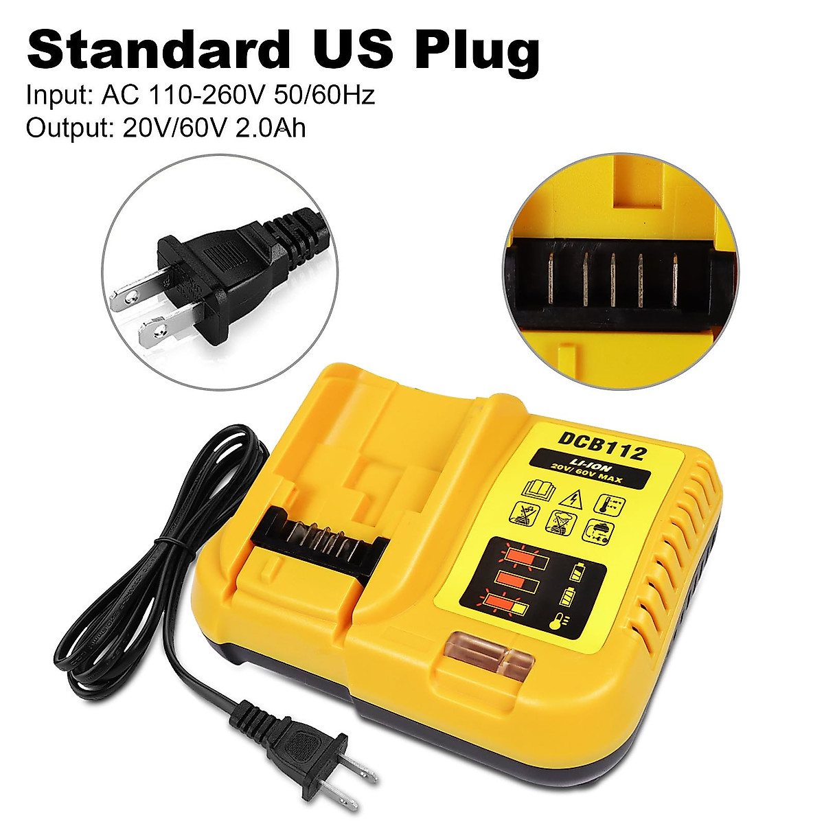 Battery Charger Replacement for Dewalt 12V 20V and 60V MAX Lithium-Ion Battery DCB112 for DCB205 DCB112 DCB201 DCB200 DCB612 DCB609-2 DCB609 DCB606 DCB606-2 DCB208 DCB206 DCB206-2 DCB204 DCB203