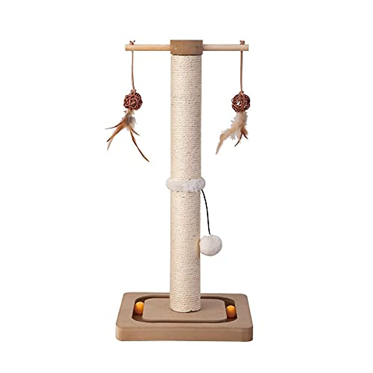 PEEKAB Cat Scratching Post Premium Sisal Toll Scratch Posts with Tracking Interactive Toys Vertical Scratcher for Indoor Cats and Kittens- 25 inches Beige
