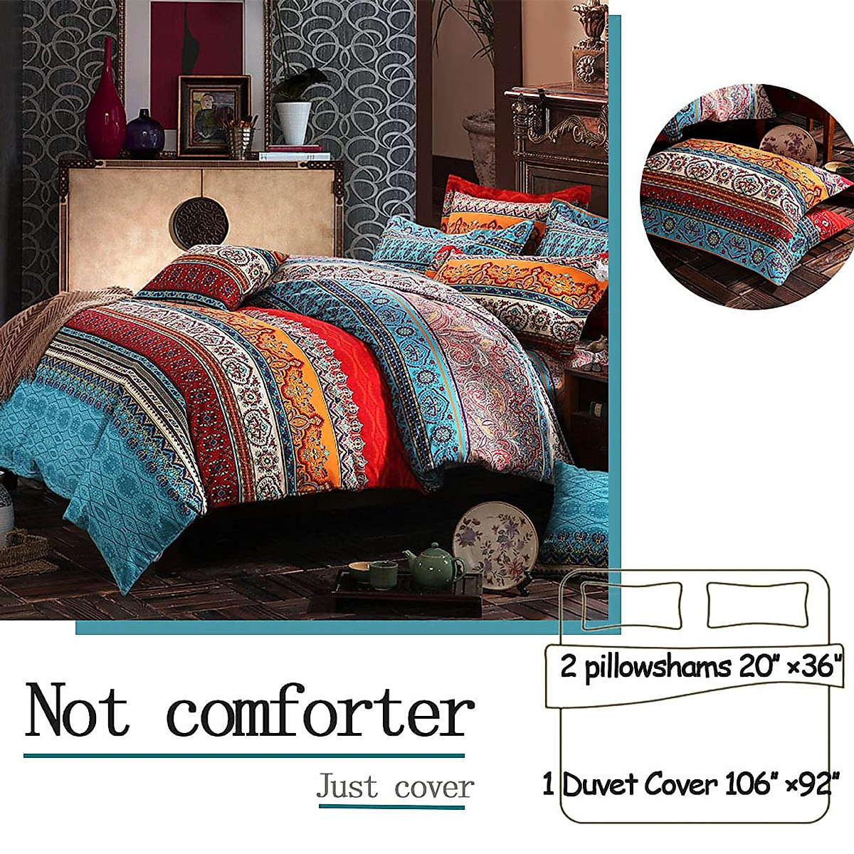 FADFAY Boho Duvet Cover Set 100% Brushed Cotton Colorful Stripe Exotic Style Bohemian Bedding Set Soft and Warm Bedding with Hidden Zipper Closure, 3 Pieces King/California King