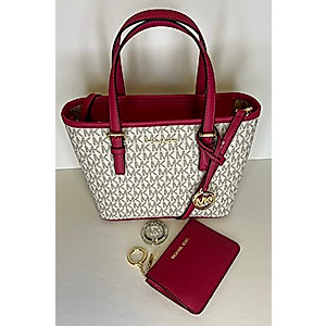 Michael Kors Jet Set Travel XS Carryall Convertible Top Zip Tote bundled with SM TZ Coinpouch and Purse Hook (Carmine Pink MK Multi)