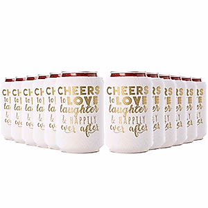 Wedding Can Can Cooler Decorations - Cheers to Love Laughter and Happily Ever After, Can Coolies Set of 12, Wedding Supplies For Bridal Showers, Engagements and Bachelorette Parties (White)