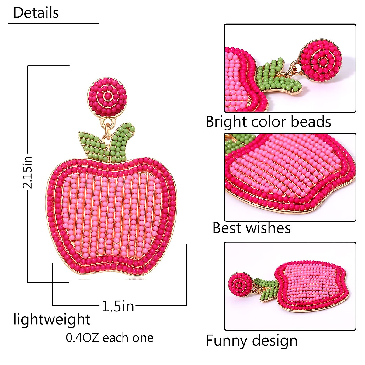 Teacher Earrings Beaded Pencil drop Dangle Earrings for Teacher Student Women Girls, Handmade Beaded Colorful Apple Earrings Dangling, Hypoallergenic Teacher Pencil Studs Funny Back to School