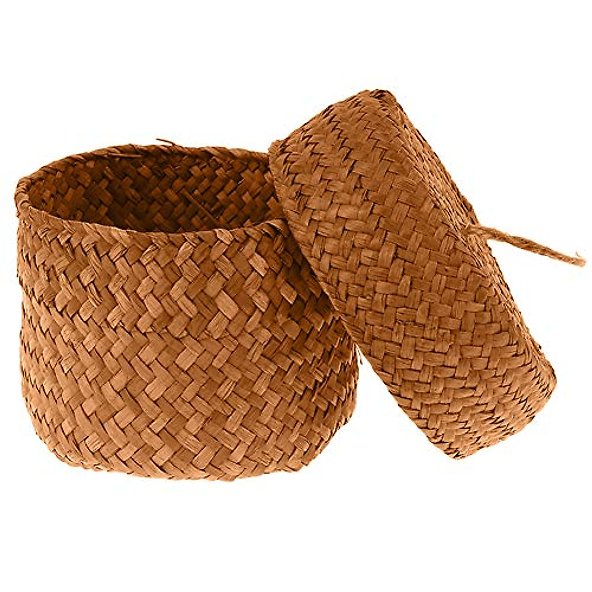 Mini Seagrass Storage Baskets with Lid, Hand-Woven Straw Round Storage Box Desktop Storage Basket-Handmade Straw Storage Basket Woven Basket Wicker Rattan Planter Pot Flower Storage Container
