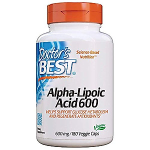 Doctor's Best Alpha-Lipoic Acid, Non-GMO, Gluten Free, Vegan, Soy Free, Helps Maintain Blood Sugar Levels, 600 mg 180 Veggie Caps