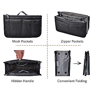 Vercord Purse Organizer Insert for Handbags Bag Organizers Inside Tote Pocketbook Women Nurse Nylon 13 Pockets Black Medium