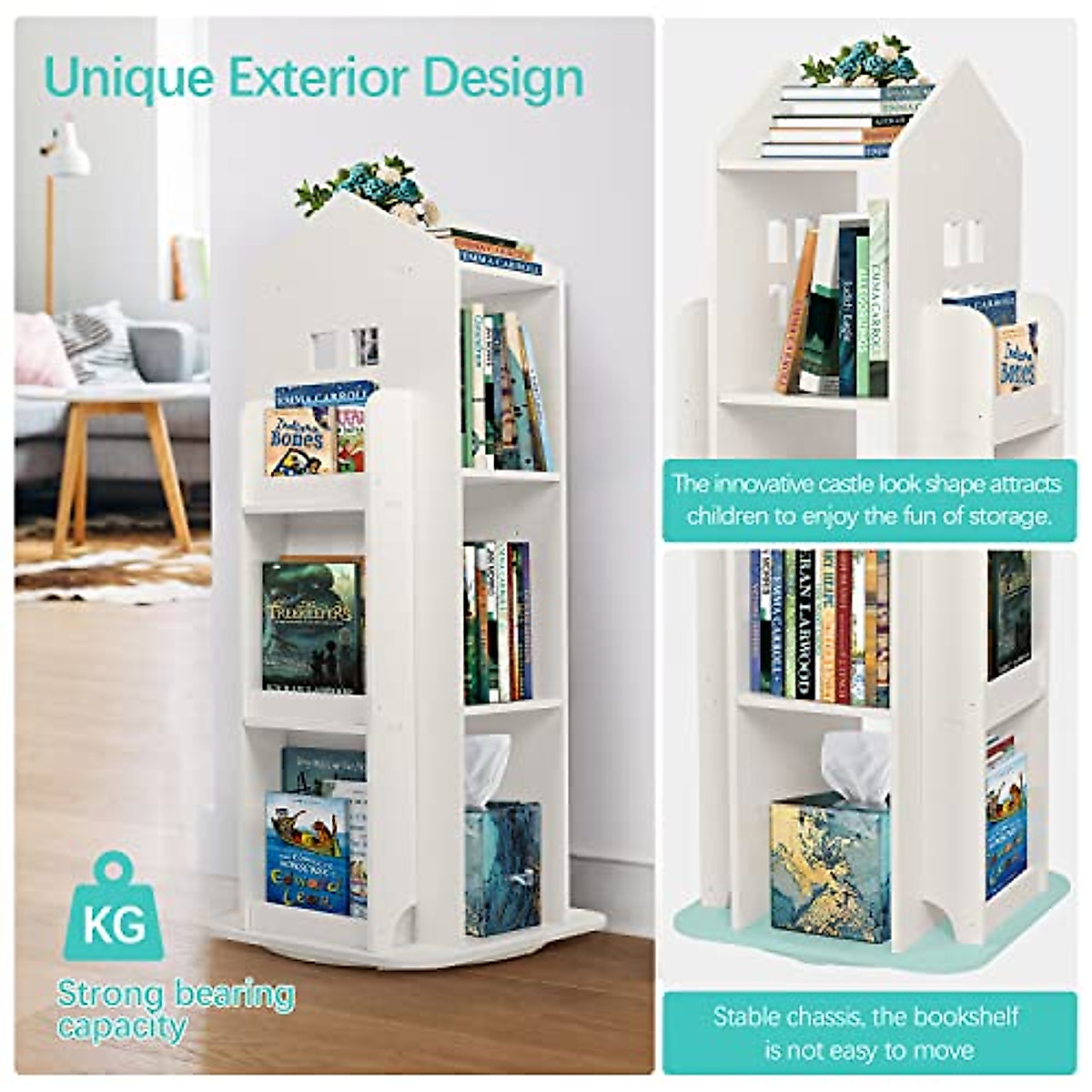 Nisorpa Rotating Bookshelf 360 Display Floor Standing Bookcase Spinning Shelf Storage Rack Freestanding Storage Organizer Holder Book Rack for Kids&Adults Multi-Functional Bookshelf Organizer
