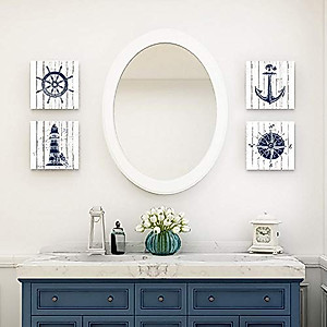Adecuado Nautical Wall Art Beach Home Decor Boat Anchor Paintings Helm Drawing Compass Lighthouse Rustic Style Pictures Dark Blue Artwork Ready to Hang for Bathroom Living Room 12x12 Inch, 4 Panels
