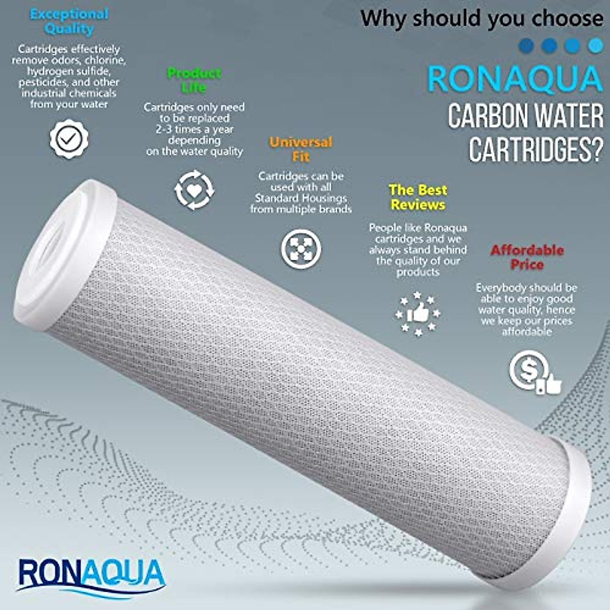 Ronaqua One Stage Countertop Drinking Water Filtration System Removes Chlorine with Block Activated Carbon Filter, Transparent Housing, and Meets NSF Standards & Regulations