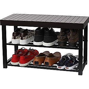 Henf 3-Tier Bamboo Shoe Rack Bench, Shoe Organizer, Storage Shelf, Holds Up to 551Lb,Dimensions 35.43 x 11.02 x 17.72,Coffee