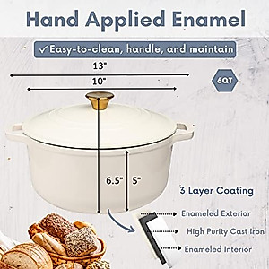 Lexi Home Cast Iron Enameled Dutch Oven Pot with Lid 6 qt, Sauce Pan, Pasta Server, Stove Top Pot, Dish for Sourdough Bread, Slow Cooking Chicken, Soup & More, Kitchen Cookware - Cream