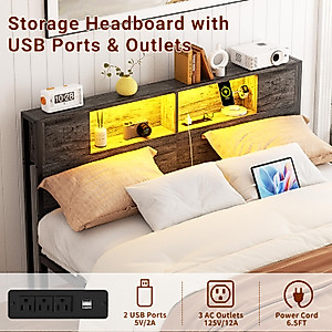 Homieasy Full Size Bed Frame with Storage Headboard and Charging Station, Industrial Platform Metal Bed with LED Lights, Steel Slat Support, No Box Spring Needed, Noise-Free, Easy Assembly, Grey Oak