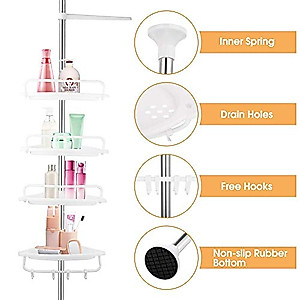 Ejoyous Tension Corner Shower Caddy, 4 Tier Height Adjustable Bathroom Corner Shower Rack Organizer Telescopic Rustproof Shower Caddy Pole for Storing Shampoo, Conditioner, Soap - White