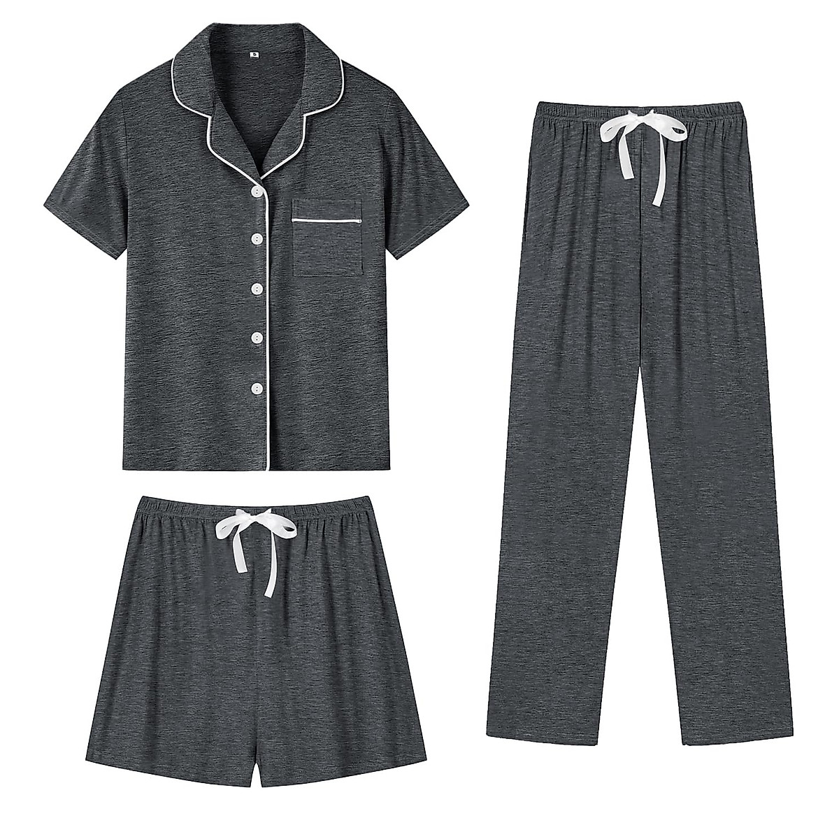 SWOMOG Womens 3pcs Button Down Pajamas Set Short Sleeve Sleepwear Bride Soft Pj Lounge Sets with Long Pants Deep Grey X-Large