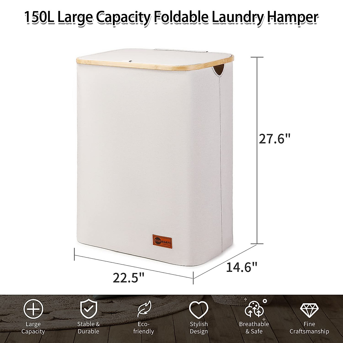 DOFASAYI 150L Laundry Basket With Removable Bag - Tall Hamper With Lid for Bathroom, Dorm - Beige