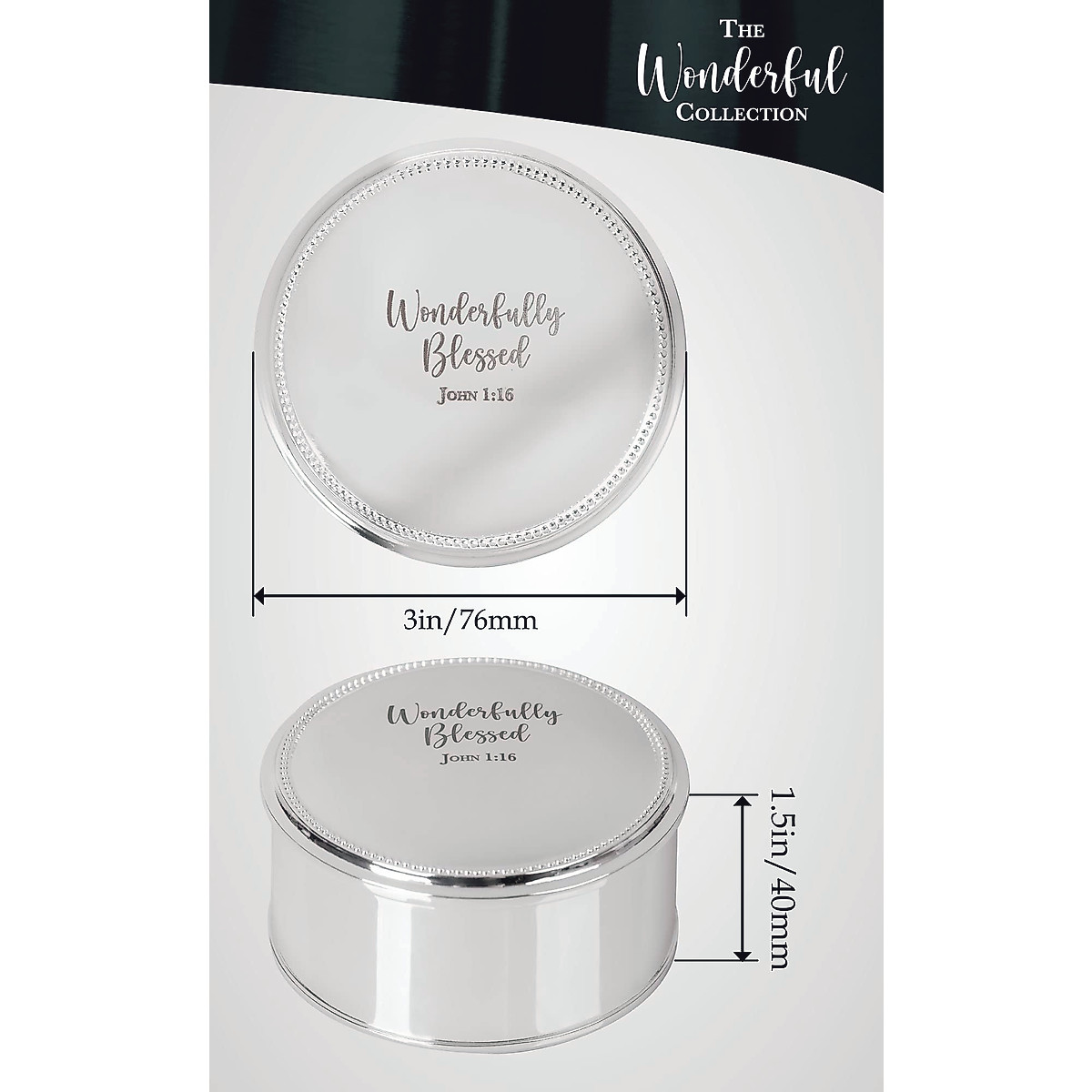 Round Jewelry Mirror Polished Trinket Box - Christian Keepsake for New Born Babies to Celebrate Baptism, Catholic First Communion Rosary Necklace Eucharistic Box Metal