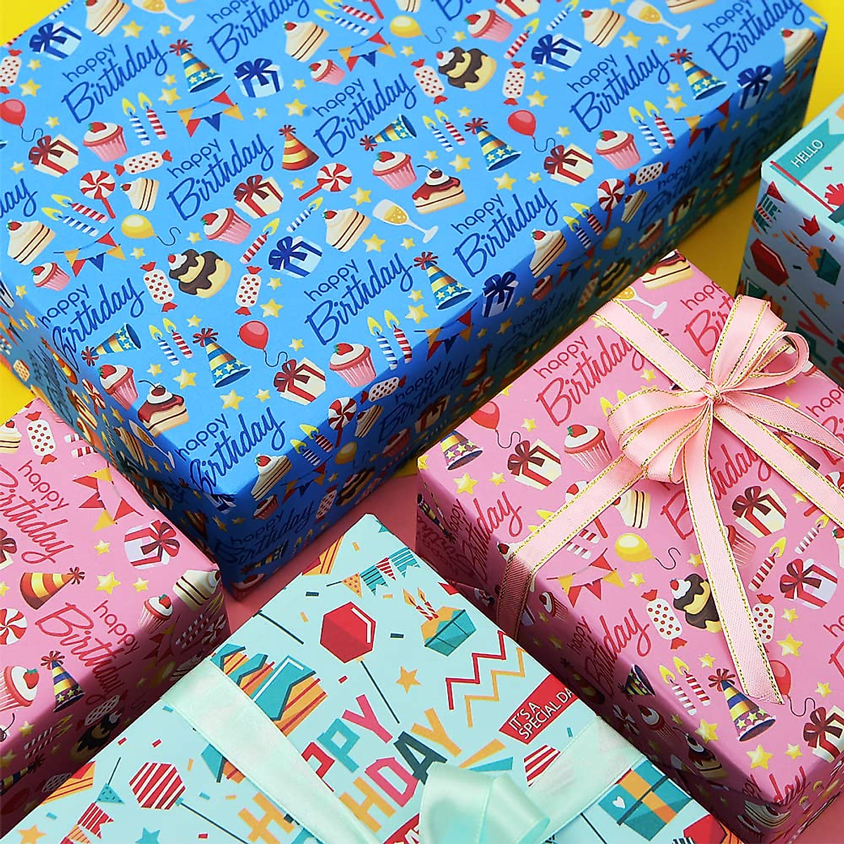 6 Pieces Happy Birthday Wrapping Paper for Kids Boys Girls, Cute Cartoon Design Gift Wrap Paper Sheets, Folded Flat Gift Wrapping Paper 20x 28 inches per Sheet in 3 Different Patterns