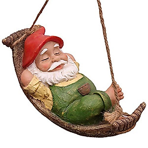 TERESA'S COLLECTIONS Cute Garden Gnomes Decorations for Yard Hanging Statues Outdoor Gifts, Sleepy Gnome in Swing Leaf Hammock Resin Tree Ornaments Figurines for Stump Branch Lawn Patio Decor, 7.4"