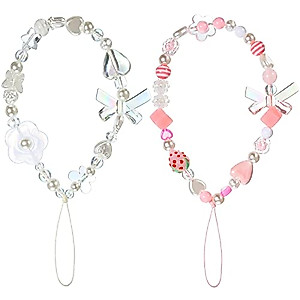 LEIFIDE 2 Pcs Phone Charms Strap Beaded Phone Strap Pink Cute Phone Charms Aesthetic Love Phone Lanyard Wrist Strap Beaded Phone Keychain Charm for Women Girl Gifts (Heart)