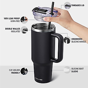 SMLIXE 40 oz Tumbler with Handle and Straw Lid,Insulated Reusable Stainless Steel Water Bottle Travel Mug，Cupholder Friendly Double Wall Vacuum Sealed Cup (Black)