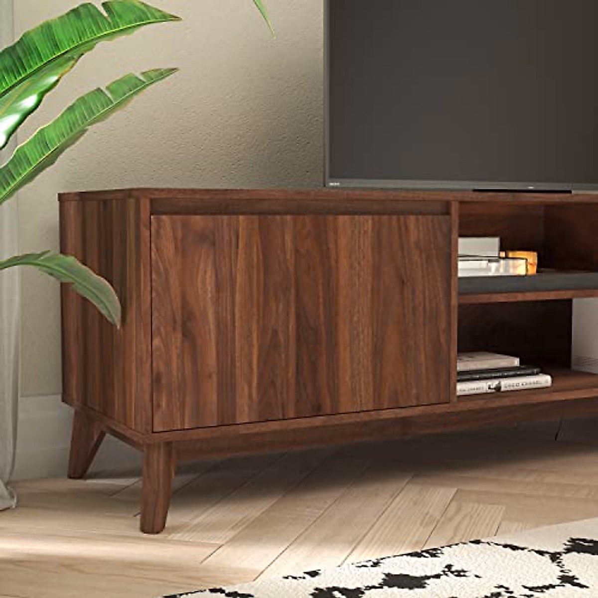Flash Furniture Hatfield Mid-Century Modern TV Stand For 65+ Inch TV's - Walnut Laminate Finish - 70 Inch Media Center - Adjustable Center Shelf - Soft Close Doors,Dark Walnut