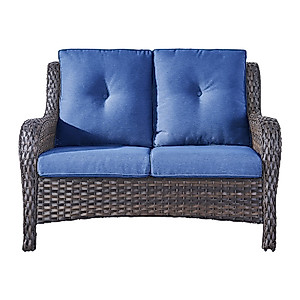 Patio Loveseat Wicker Outdoor Couch - 2-Seater Rattan Patio Sofa with Deep Seating and Comfortable Cushions for Outside Porch Deck Poolside Balcony(Brown Wicker/Blue Cushion)