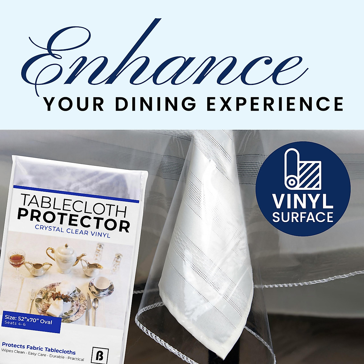 BRODER MFG. INC. Tablecloth Protector Crystal Clear Vinyl (52"x70" Oval) | Thick, Durable Clear Table/Tablecloth Protector | Perfect for Parties, Special Occasions, Gatherings, and Everyday Use