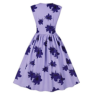 Wellwits Women's Big Floral Print V Neck Sleeveless Button Down Shirt Modest Tea Party Cocktail Formal Special Occasion 1950s Vintage Dress Purple M