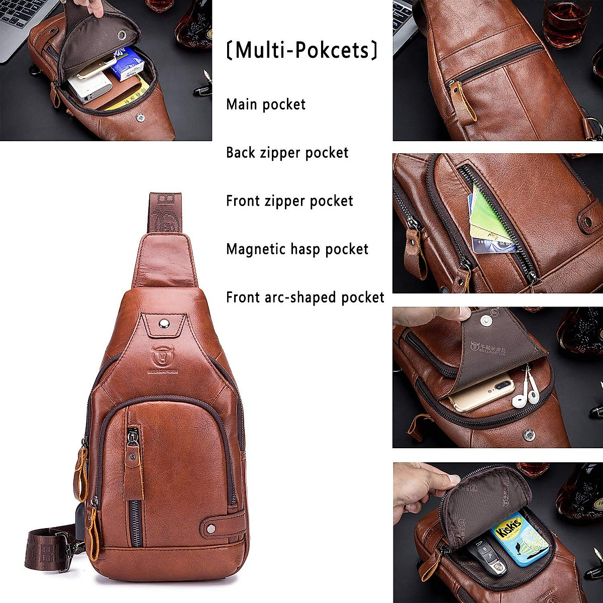 BULLCAPTAIN Leather Sling Bag Mens Chest Bag Casual Shoulder Crossbody Bags Travel Hiking Backpacks Daypack with USB Charging Port (Brown)