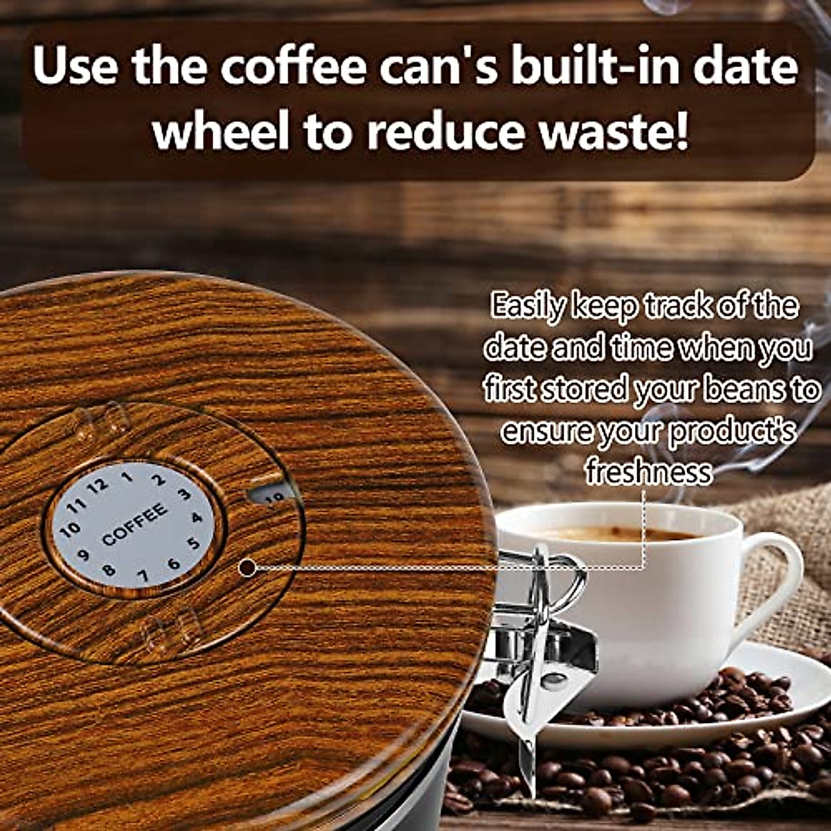 ZWOOS 2 lbs Coffee Canister for Ground Coffee, Coffee Bean Containers, Coffee Storage Airtight Canister with Scoop, 2800 ml (Black+Wood Print Lid)