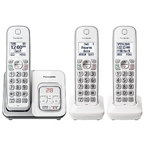 Panasonic Expandable Cordless Phone System with Answering Machine and Call Block - 3 Cordless Handsets - KX-TGD633W (White/Silver)