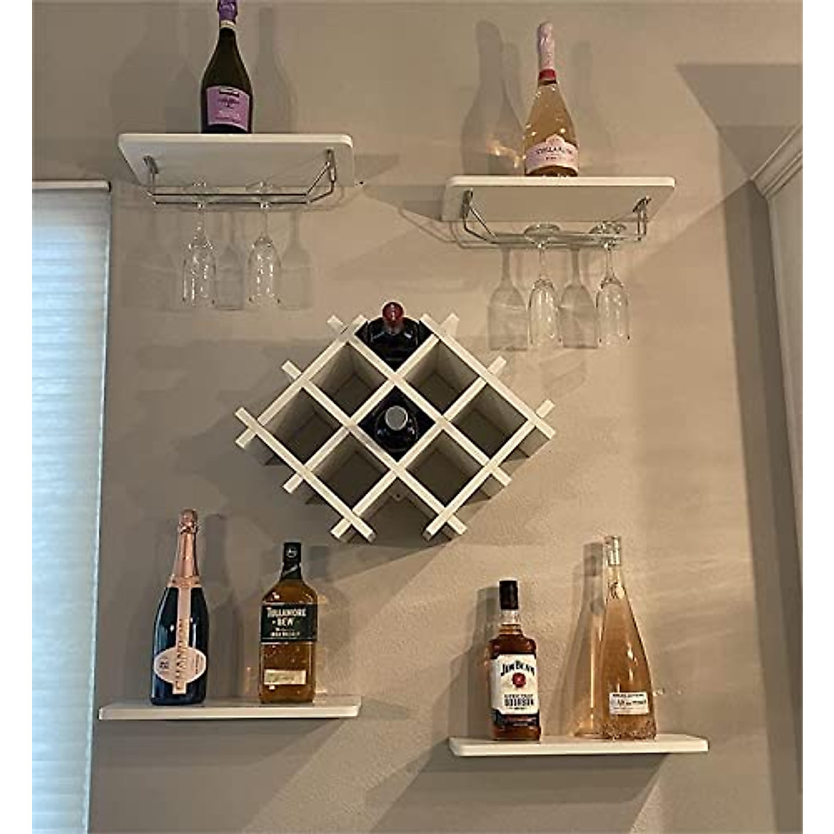 Gdrasuya10 Wall Mounted Wine Racks Shelves, Set of 5 Wine Storage Display Rack Wooden Wine Bottle Shelf Set Wine Glass Holder Wall Wine Rack (1 Wine Rack & 4 Shelves) White
