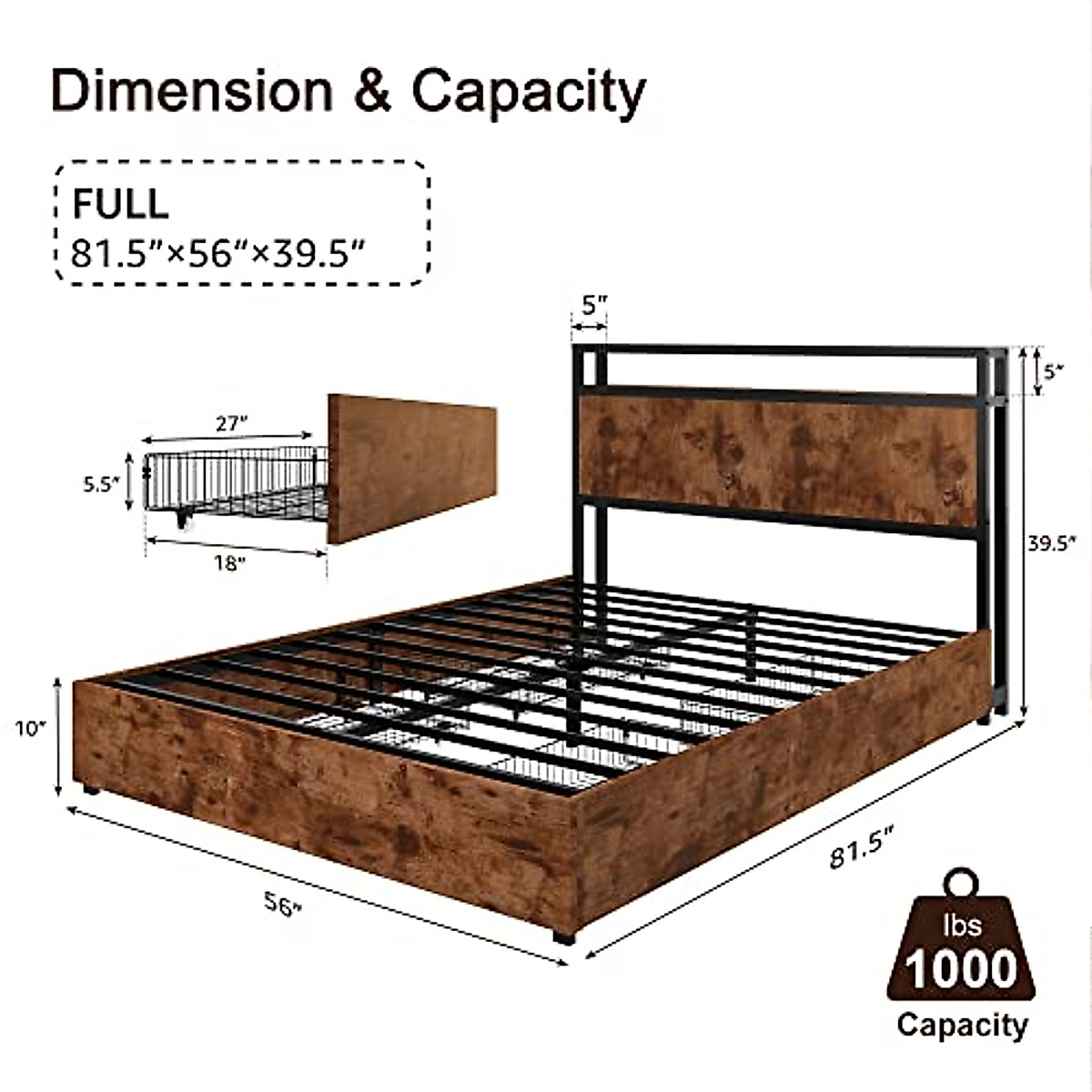 LUXOAK Full Size Bed Frame with 4 Storage Drawers, Wooden Platform Bed with 2-Tires Storage Headboard and Charging Station, No Box Spring Needed/Noise Free/Rustic Brown