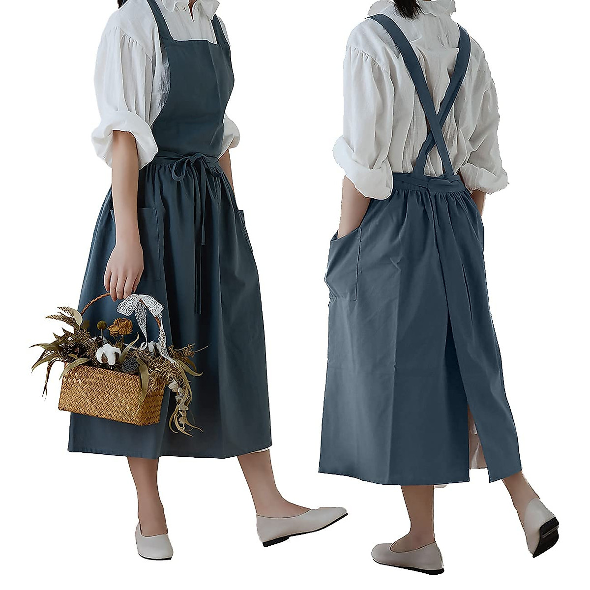 losofar Cotton Pleated Apron Retro Waterdrop Proof Garden Cleaning Pinafore Dress (green, 103cmx86cm)