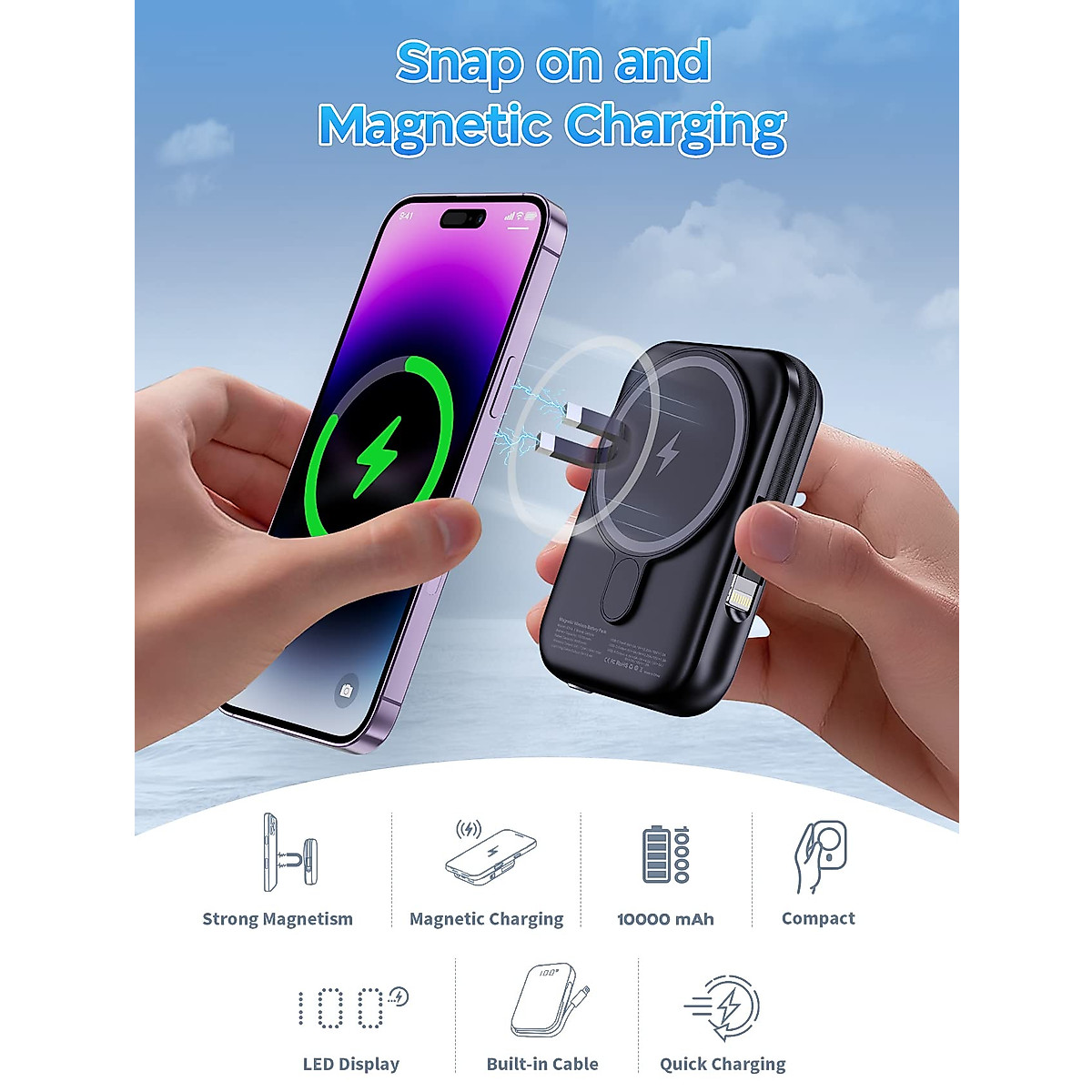 Ceftydy Magnetic Wireless Portable Charger, 10000mAh Battery Pack with USB-C Cable & LED Display, Built-in Lightning Cable, Magnetic Power Bank 20W PD Fast Charging for iPhone 15/14/13/12 Series