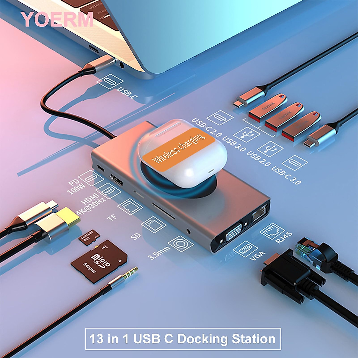 yoerm Docking Station USB C Hub 13-in-1 with Wireless Charging Station, USB C to HDMI, Ethernet, VGA, 5 USB and SD/TF, 100W PD, 3.5mm Audio