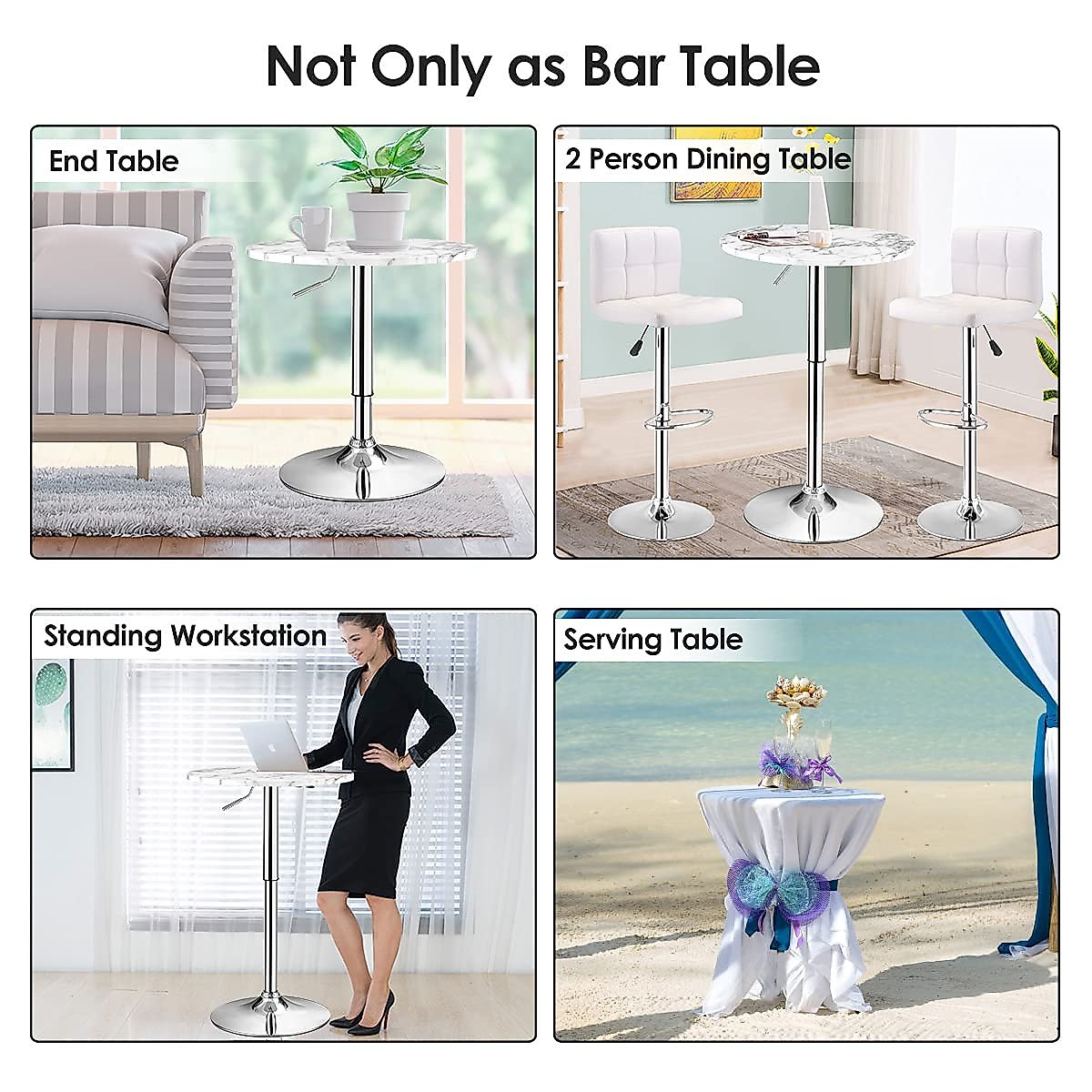 Giantex Round Pub Table Height Adjustable, 360° Swivel Cocktail Pub Table with Sliver Leg and Base for Home, Bar Table (White)