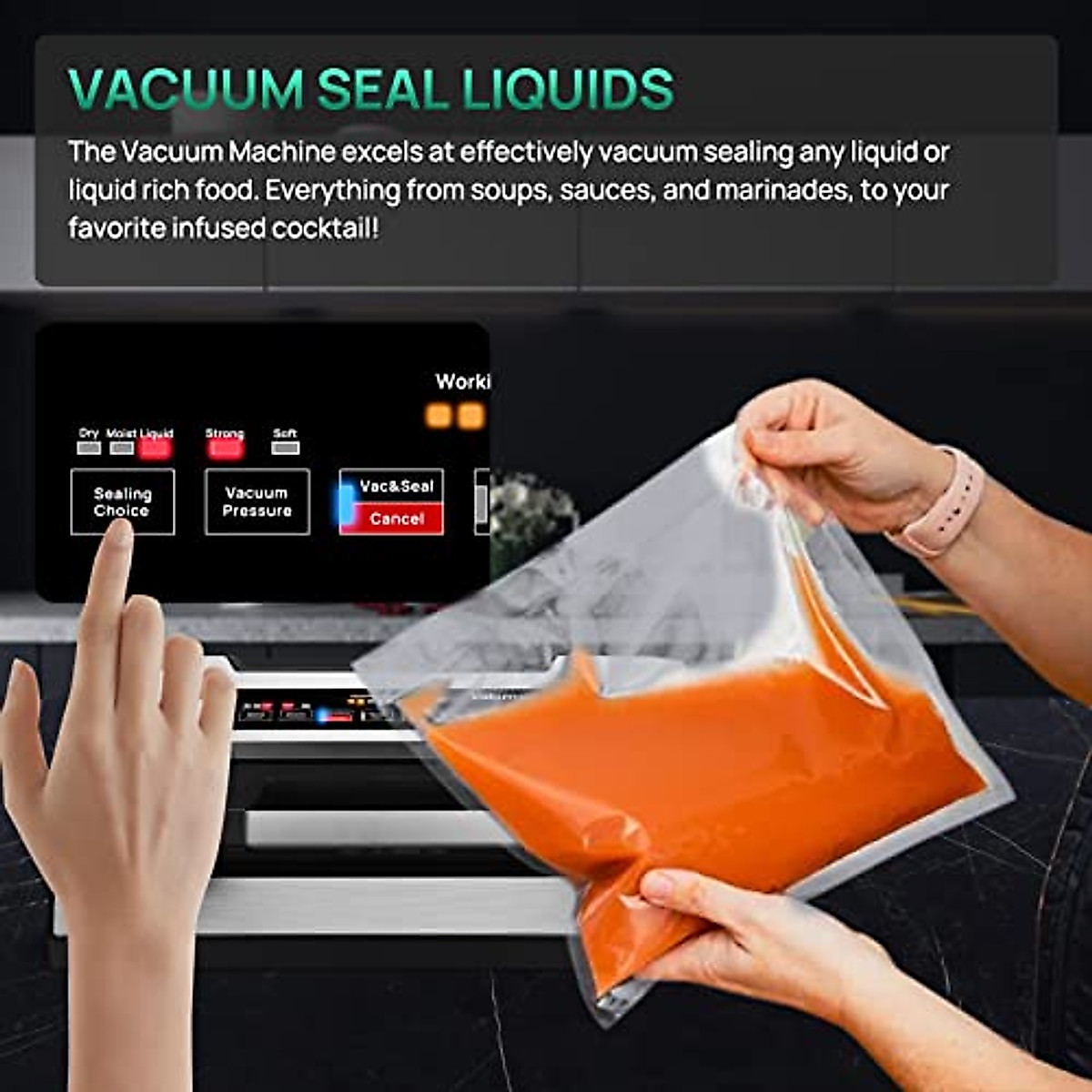 Vacuum Sealer, Vakumar 90Kpa Food Vacuum Sealer Machine Built-in Cutter & Bag Storage, Food Preservation Dry/Moist /Liquid Mode, Perfect for Liquid-Rich Foods Including Fresh Meats, Marinades, Sauces and More, Handle Locked Design
