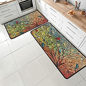 AUUXVA Colorful Birds Tree Branch Kitchen Mats Cushioned Anti Fatigue 2 pcs Set, Memory Foam Kitchen Rugs Art Painting Non Slip Washable Area Rug for Floor Sweet Home Decor, 17"x29"+17"x47"