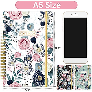 Spiral Notebook - 3 Pack A5 Lined Notebook, Spiral Journal for Women, 5.7" x 8.4", 160 Pages, College Ruled Writing Notebook with Back Pocket, 100gsm Paper, Elastic Closure for Office & School