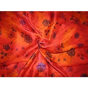 100% Silk Dupion Fabric Redish Orange with Black Floral Print 40" SLUBS DupPr41[1]