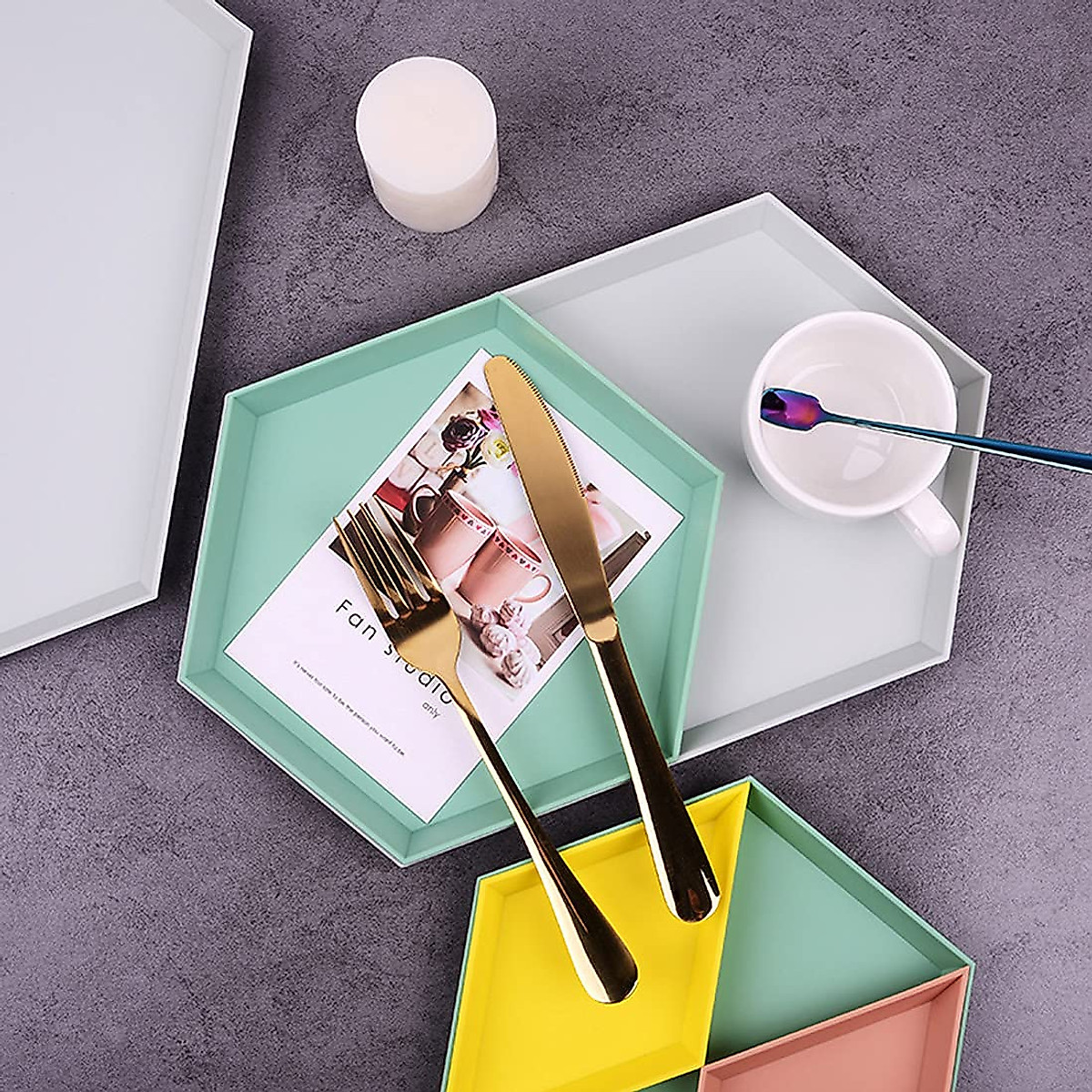 Polygon Decorative Coffee Table Tray,Unbreakable Geometric Vanity Tray,Jewelry Tray, Key Bowl,Ring Dish,Food Serving Tray,bar Tray - Serving Tray,Plastic Separable Tray Versatile (4Pack,4colors)