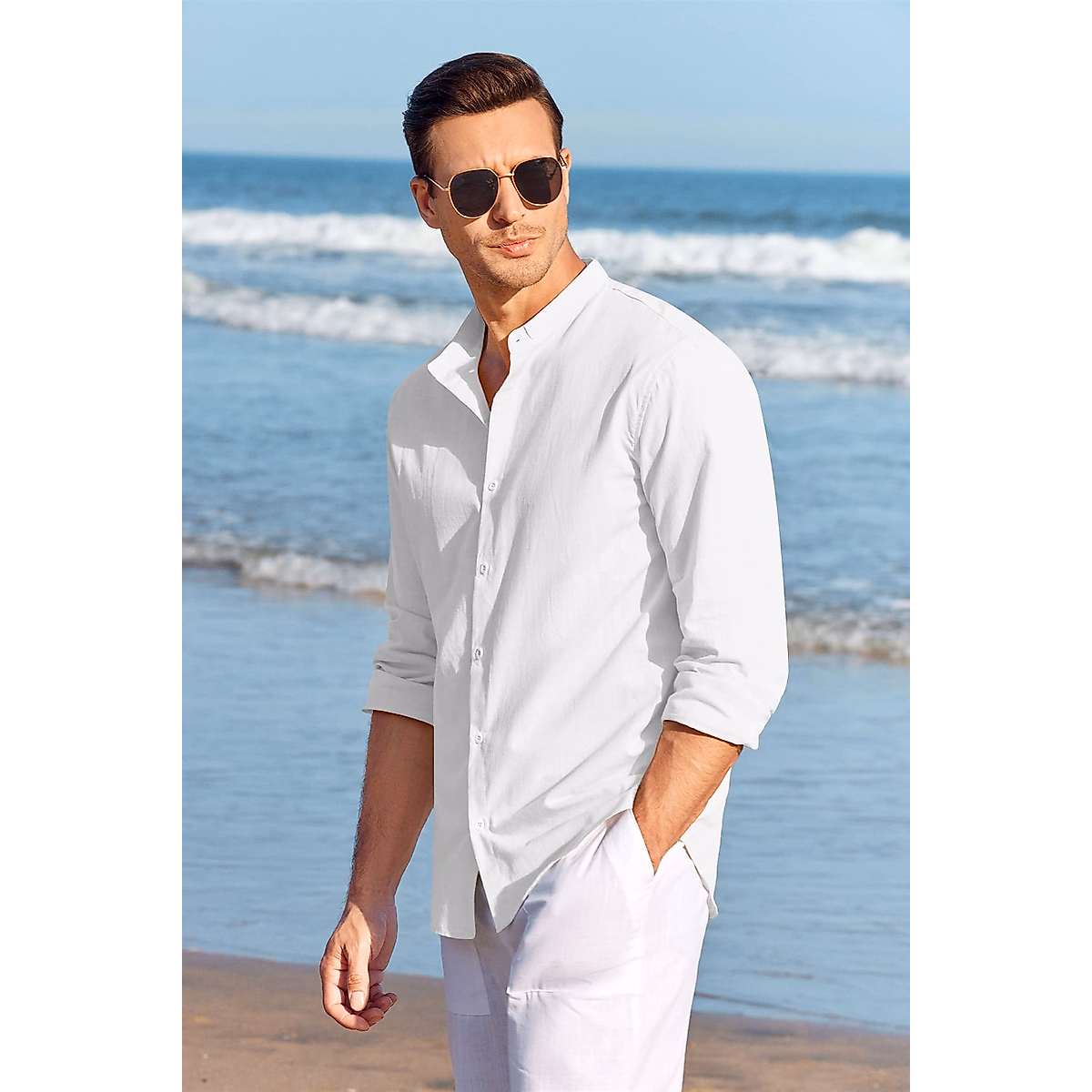 Makkrom Men Linen Shirt Button Down Long Sleeve Cotton Beach Band Collar Casual Summer Shirts